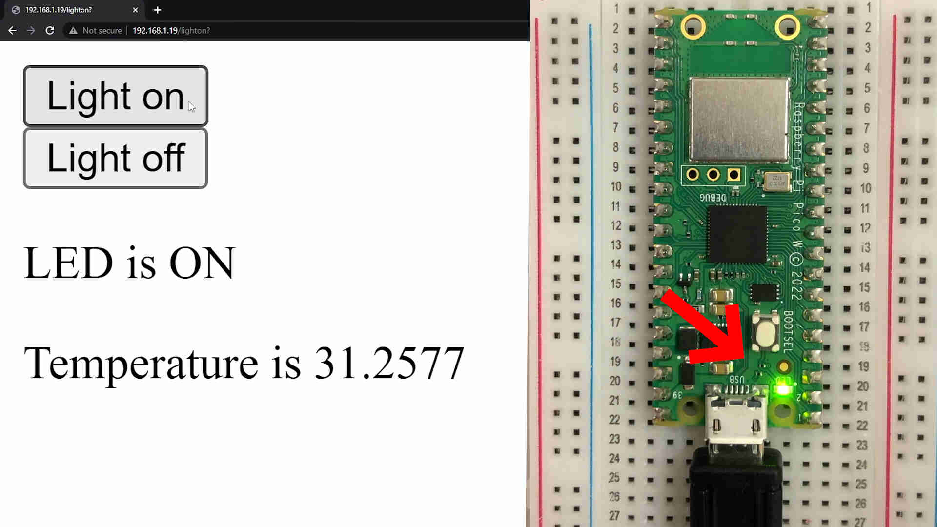 RPi Pico W - Control LED, Monitor Temperature via WebServer