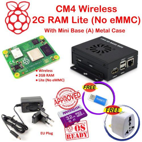 Raspberry Pi CM4 Wireless 2G RAM Lite (No eMMC) with Mini Base A Metal Case