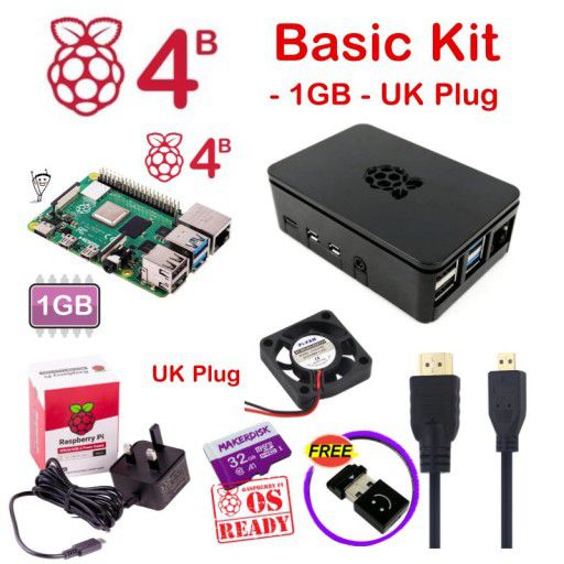 Raspberry Pi 4 Model B 1GB Basic Kit-UK Plug