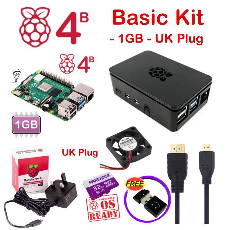 Raspberry Pi 4 Model B 1GB Basic Kit-UK Plug