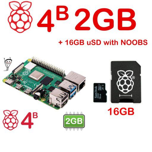 Raspberry Pi 4 Model B 2GB and 16GB microSD with NOOBS