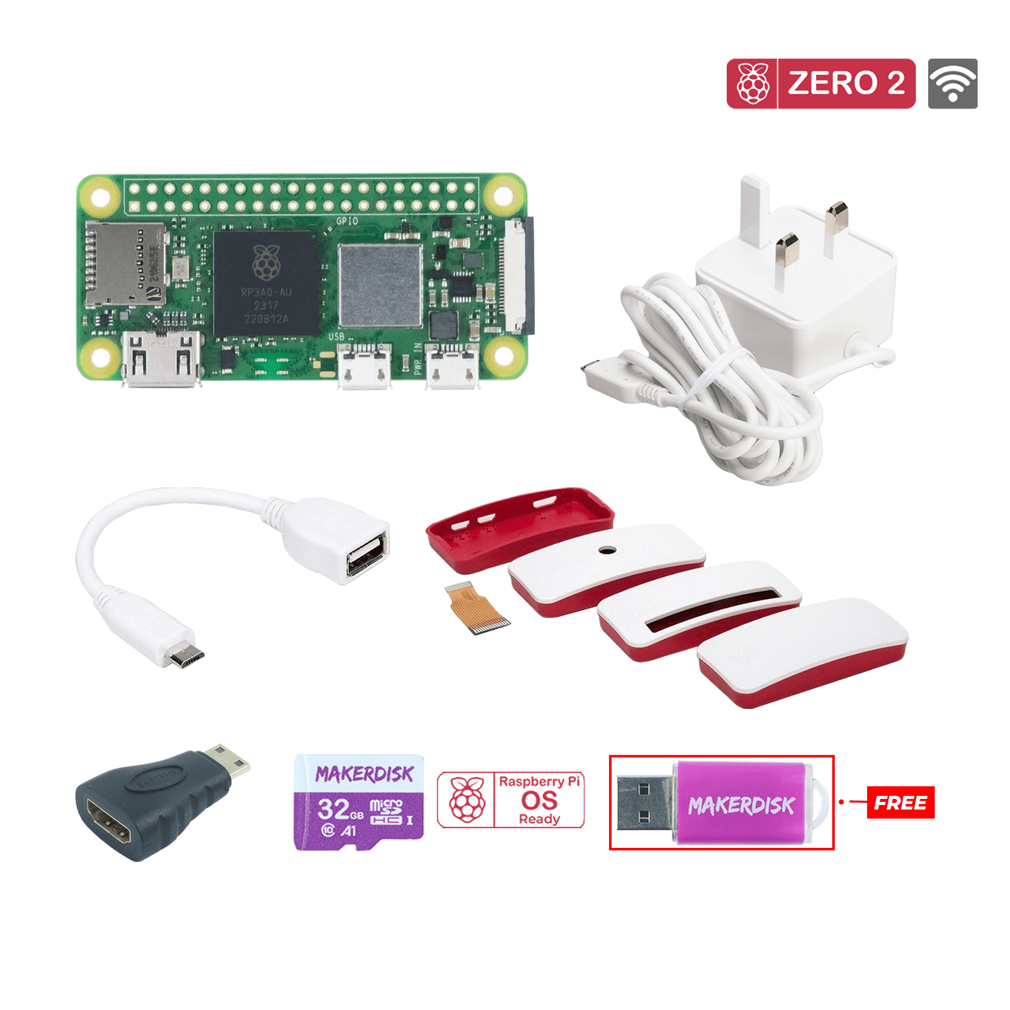 Raspberry Pi Zero 2 W Basic Kit Power Adapter Case