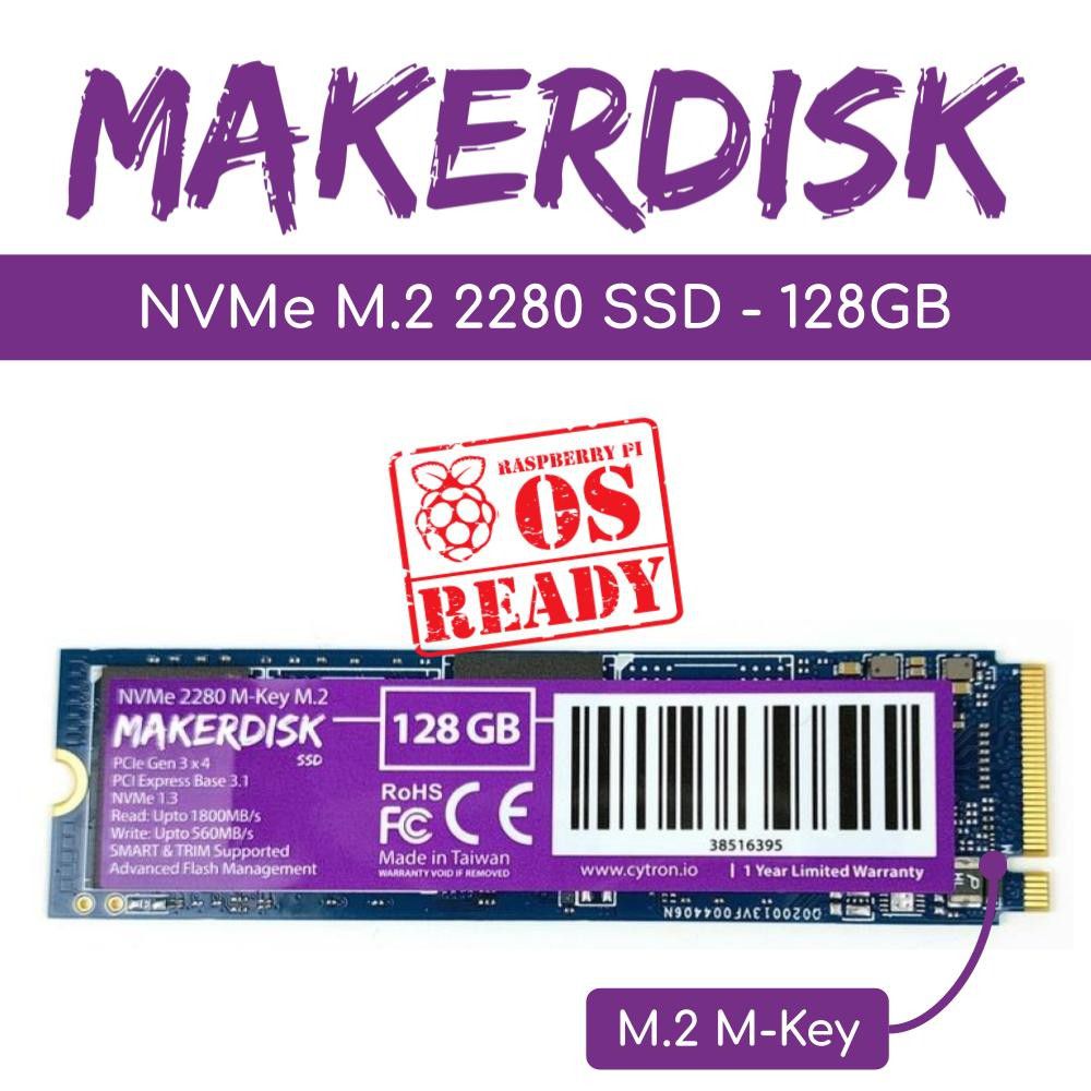 NVMe 2280 M-Key MakerDisk SSD - 128GB (Preloaded with Raspberry Pi OS) NVMe 2280 M-Key MakerDisk SSD - 128GB (Preloaded with Raspberry Pi OS)