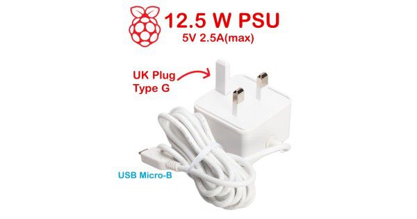Official RPi 12.5W (5V/2.5A) PSU microB UK Plug-White