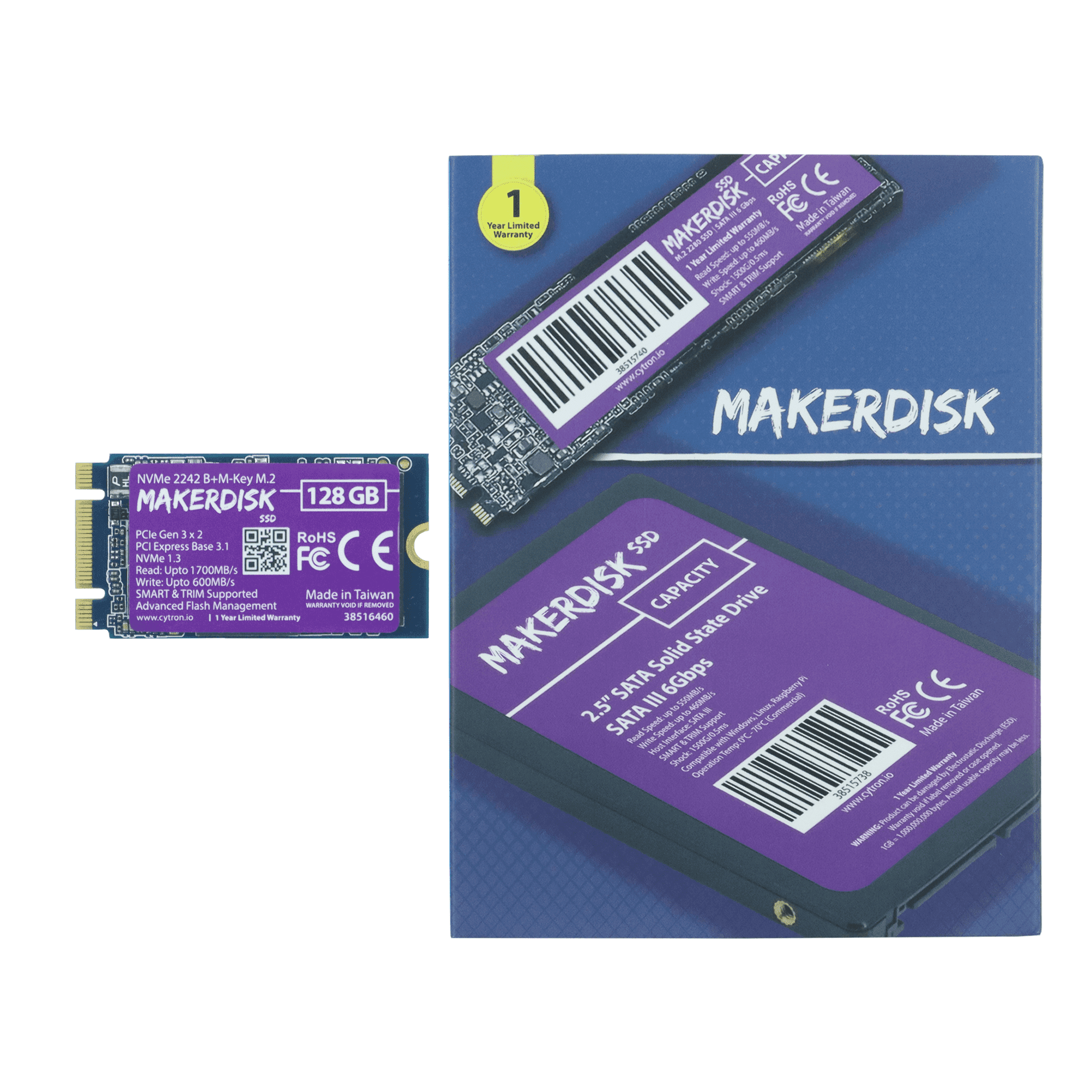 NVMe 2242 B+M-Key MakerDisk SSD - 128GB (with Raspberry Pi OS)