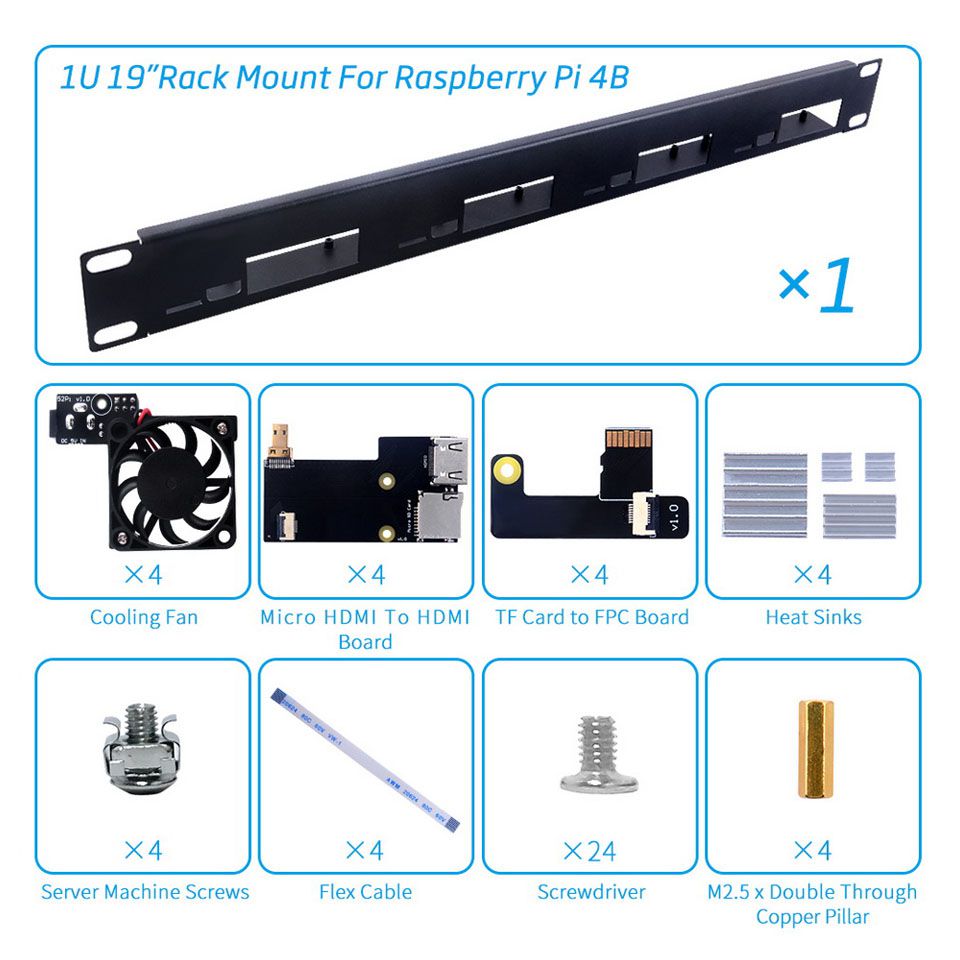 1U Rack Kit (19" Rackmount) for Raspberry Pi 4 Up To 4 Units