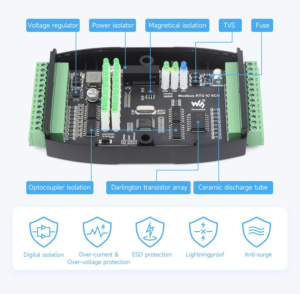 Industrial 8xDI + 8xDO Modbus RTU IO Extender