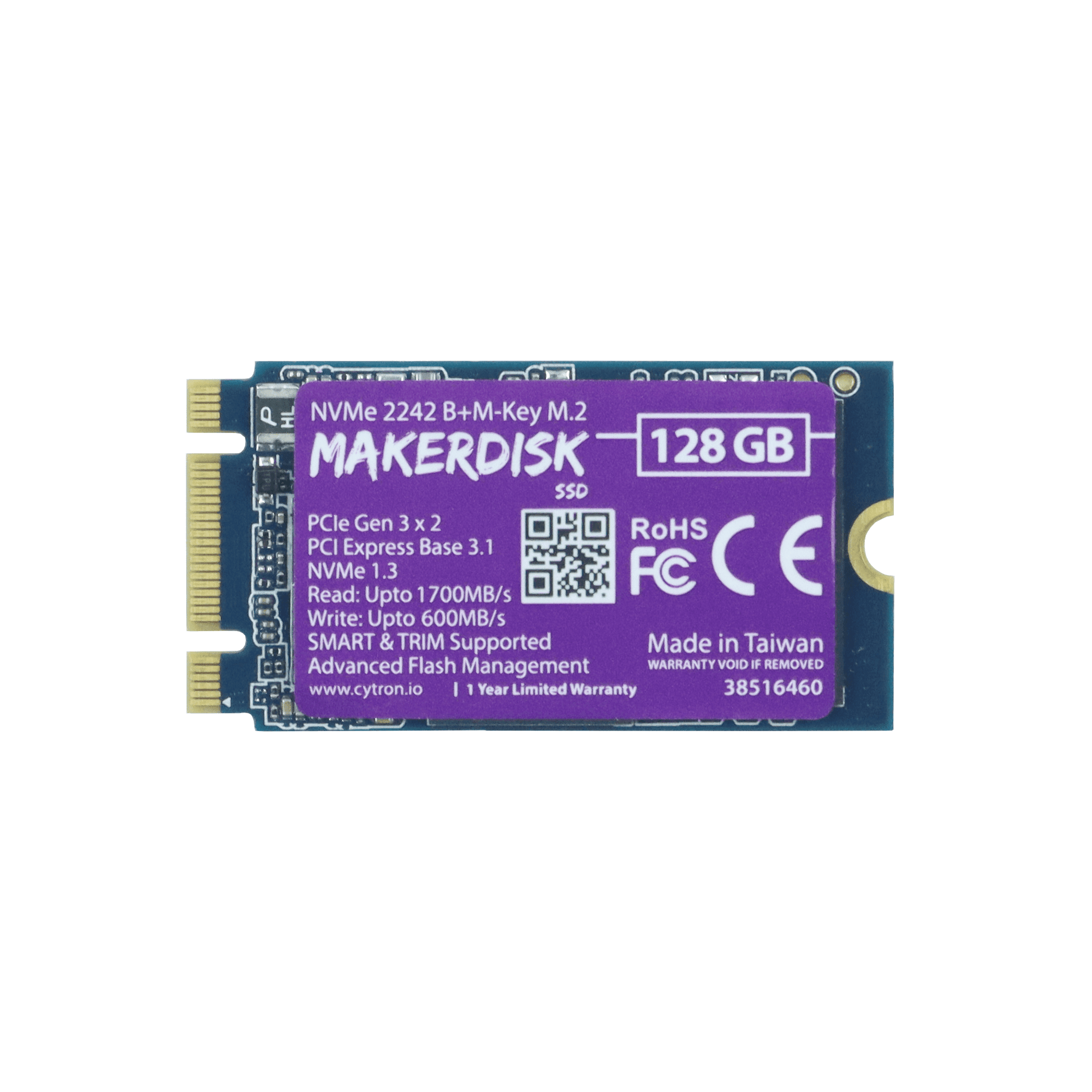 NVMe 2242 B+M-Key MakerDisk SSD - 128GB (with Raspberry Pi OS)