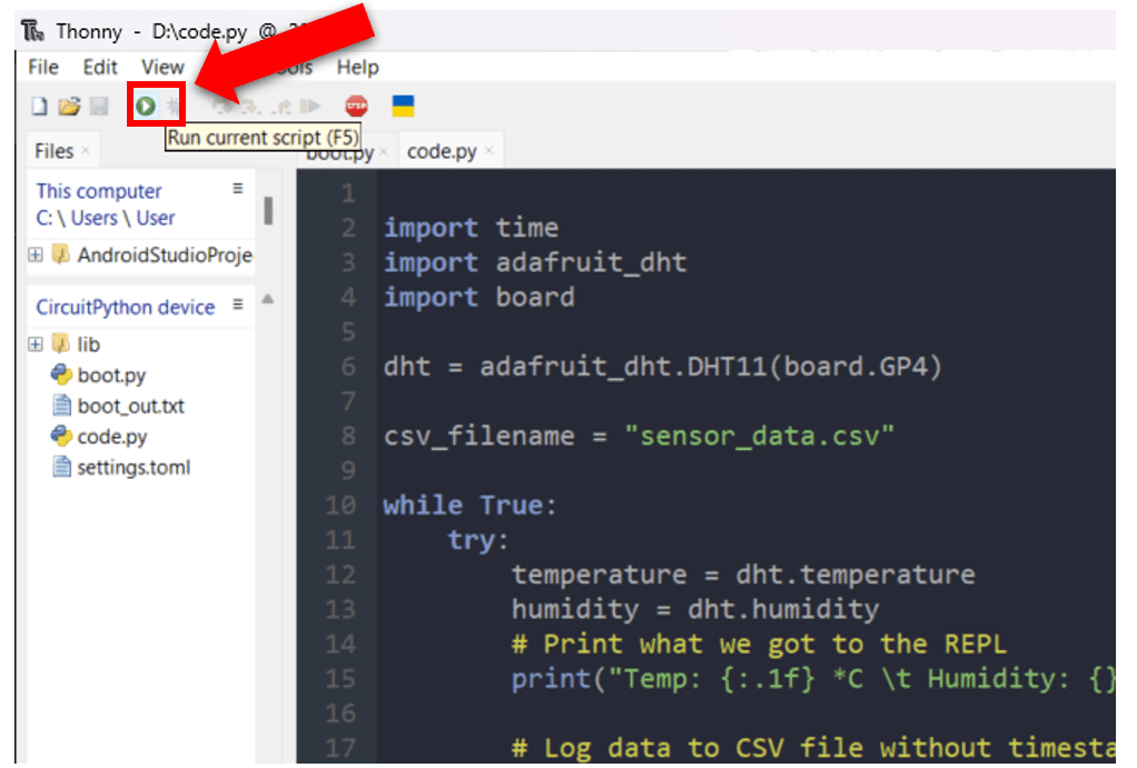 DHT11 Sensor Data Logging using Maker UNO RP2040