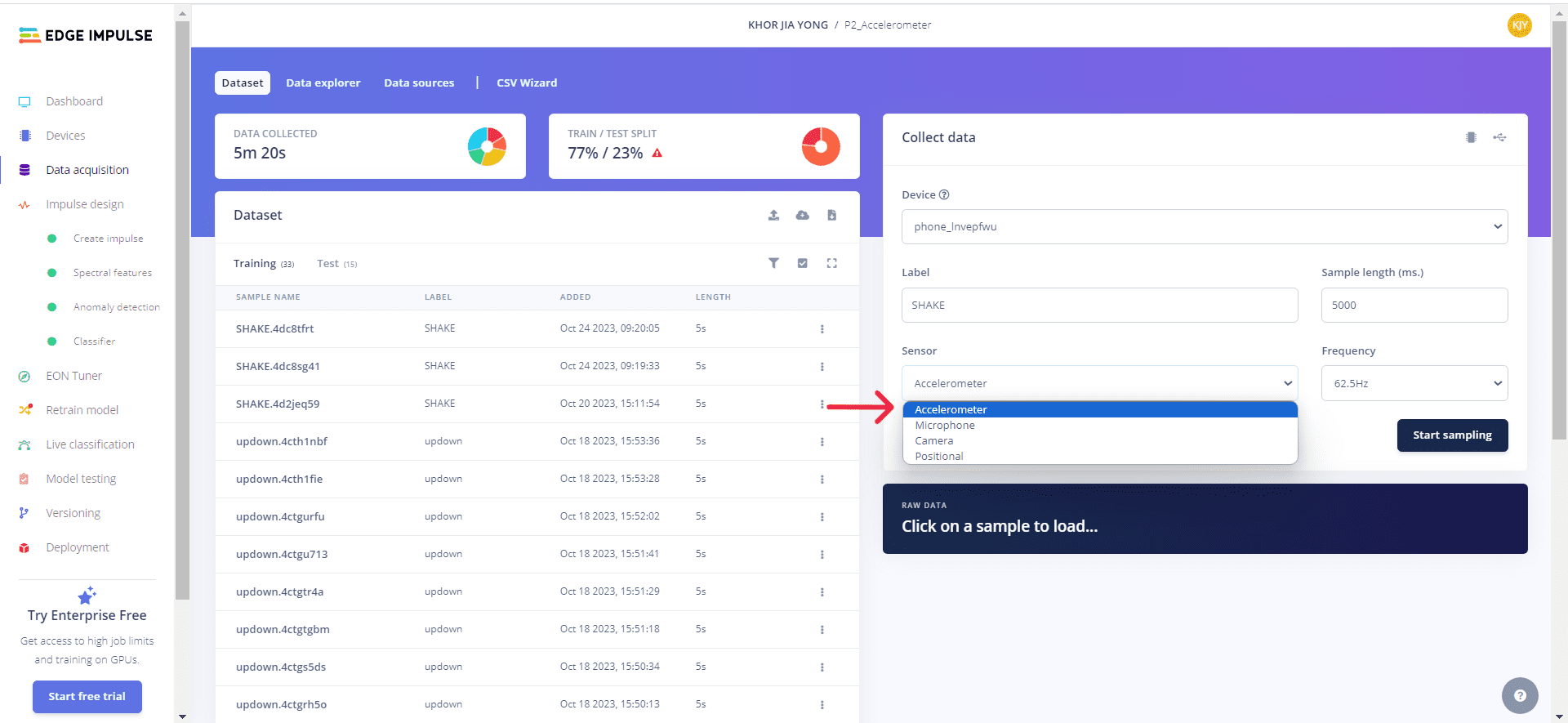 Edge Impulse with Mobile Phone Application Using Accelerometer