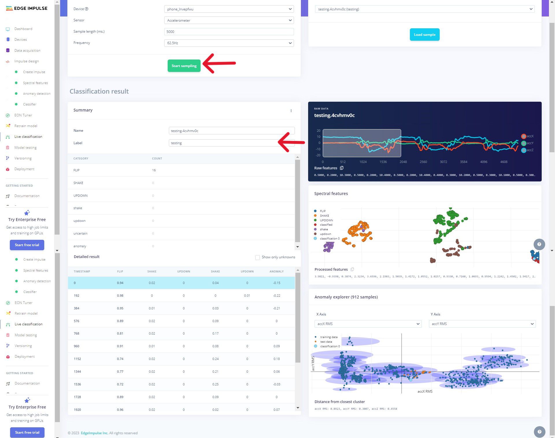 Edge Impulse with Mobile Phone Application Using Accelerometer