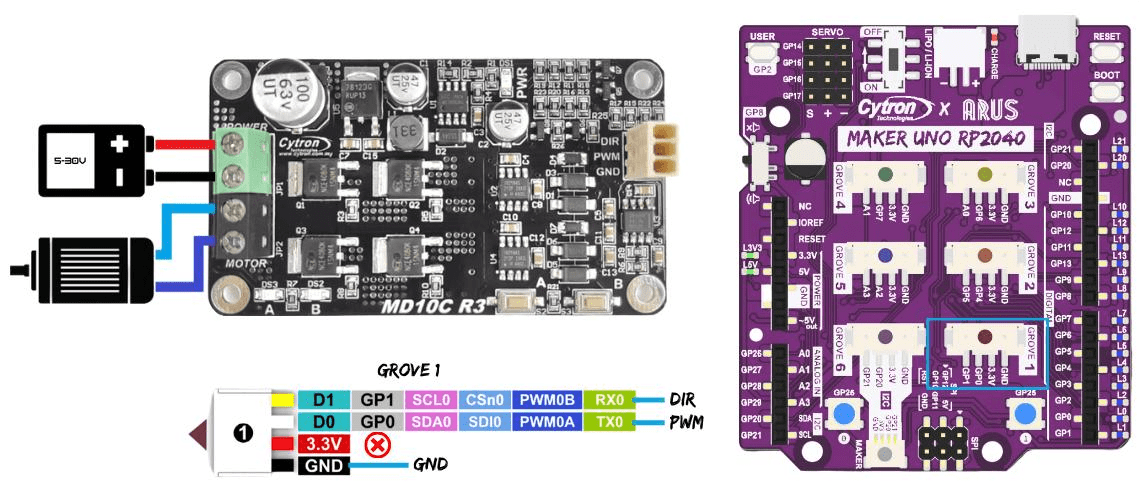Using MD10C Motor Driver with Maker UNO RP2040 to Control DC Motors
